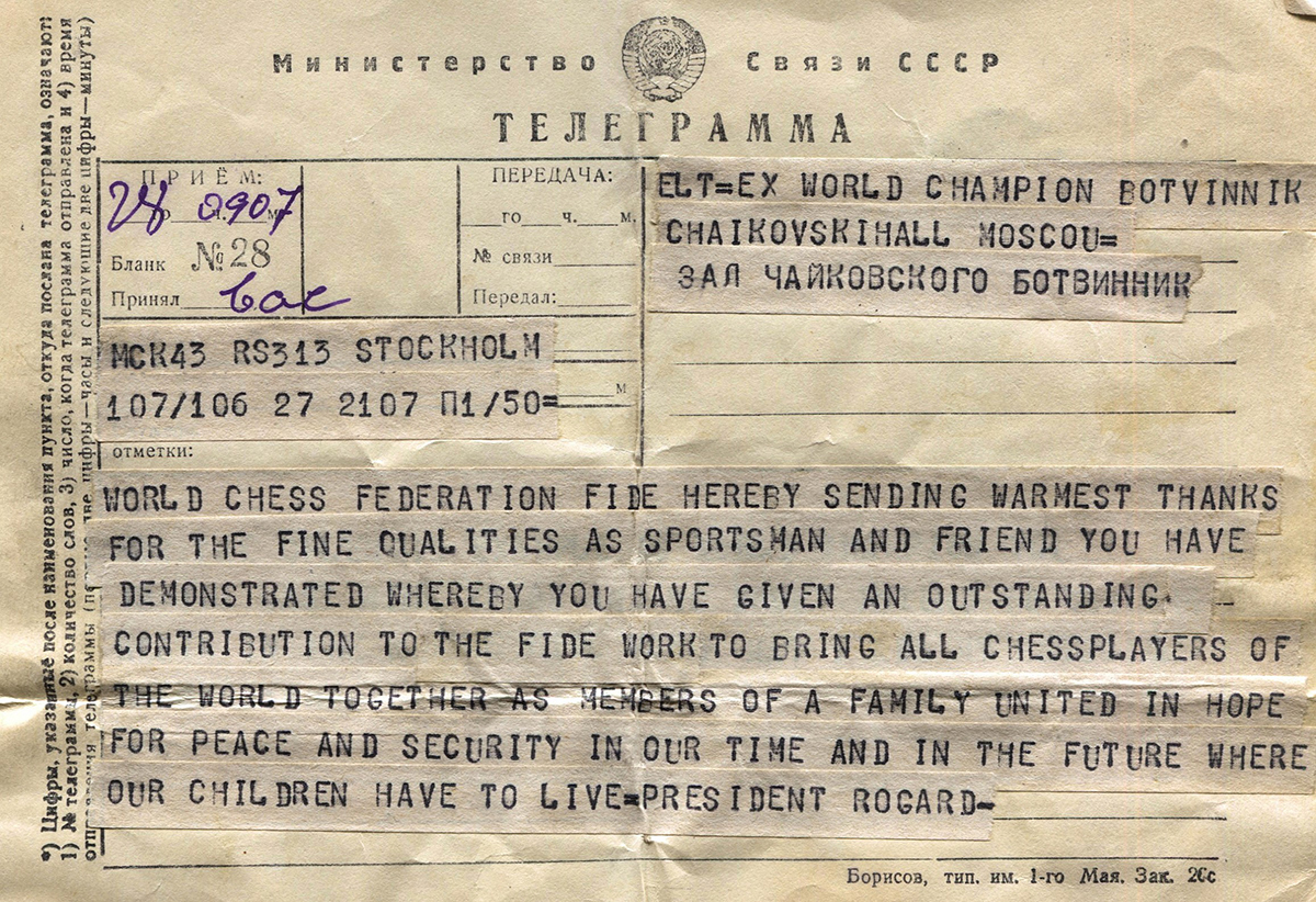Telegram from FIDE President Rogard to ex world champion Botvinnik ...